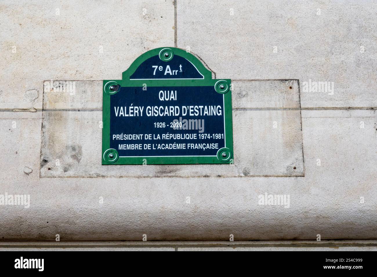 Street name sign on the Quai Valery Giscard D'Estaing in Paris Stock ...