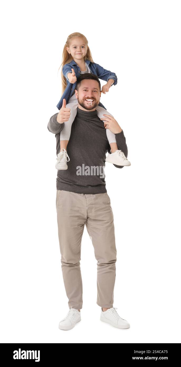 Happy father with his cute little daughter showing thumbs up on white background Stock Photo - Alamy