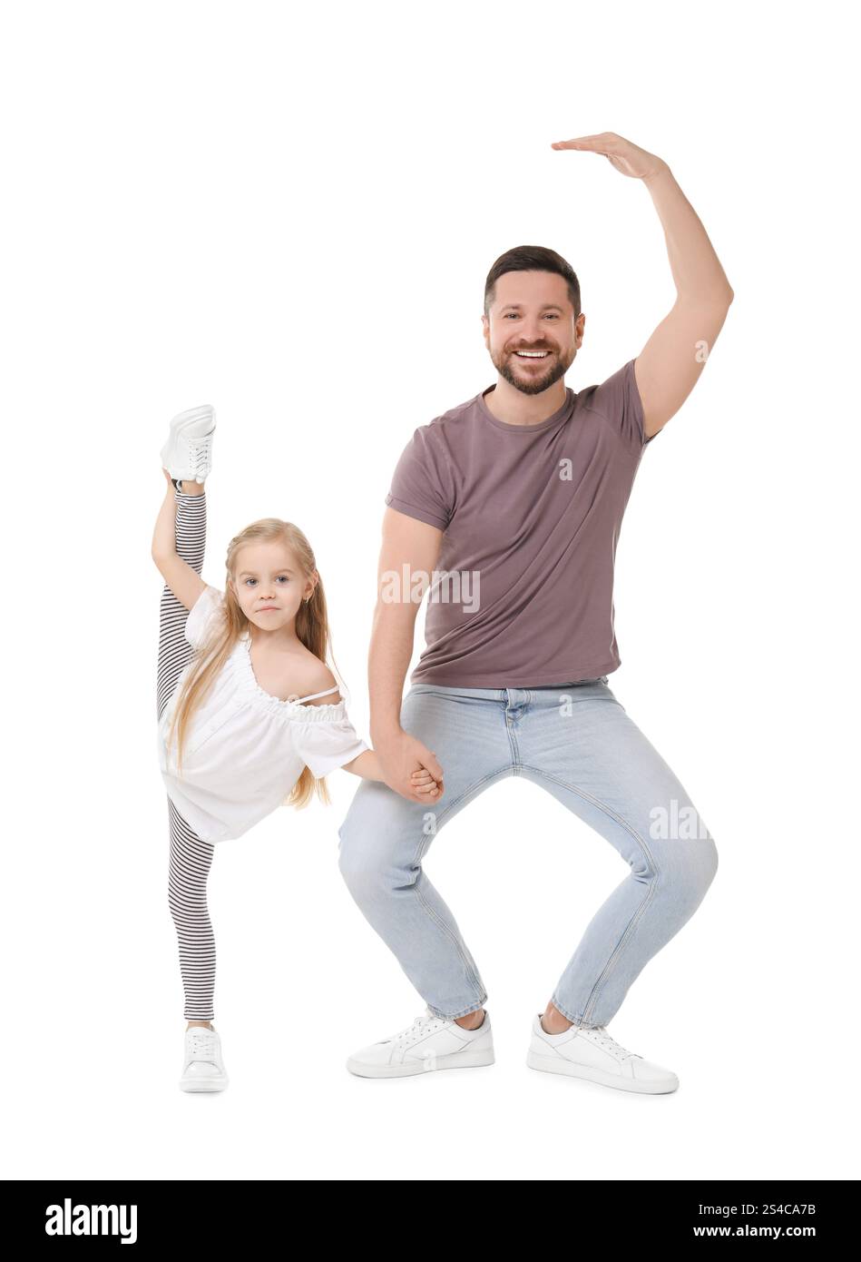 Happy father and his cute little daughter having fun on white background Stock Photo - Alamy