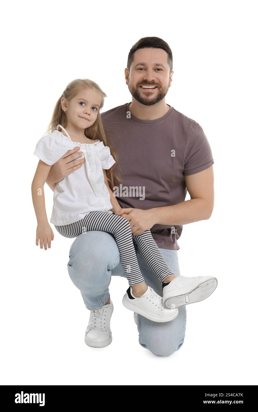 Happy father and his cute little daughter on white background Stock Photo - Alamy
