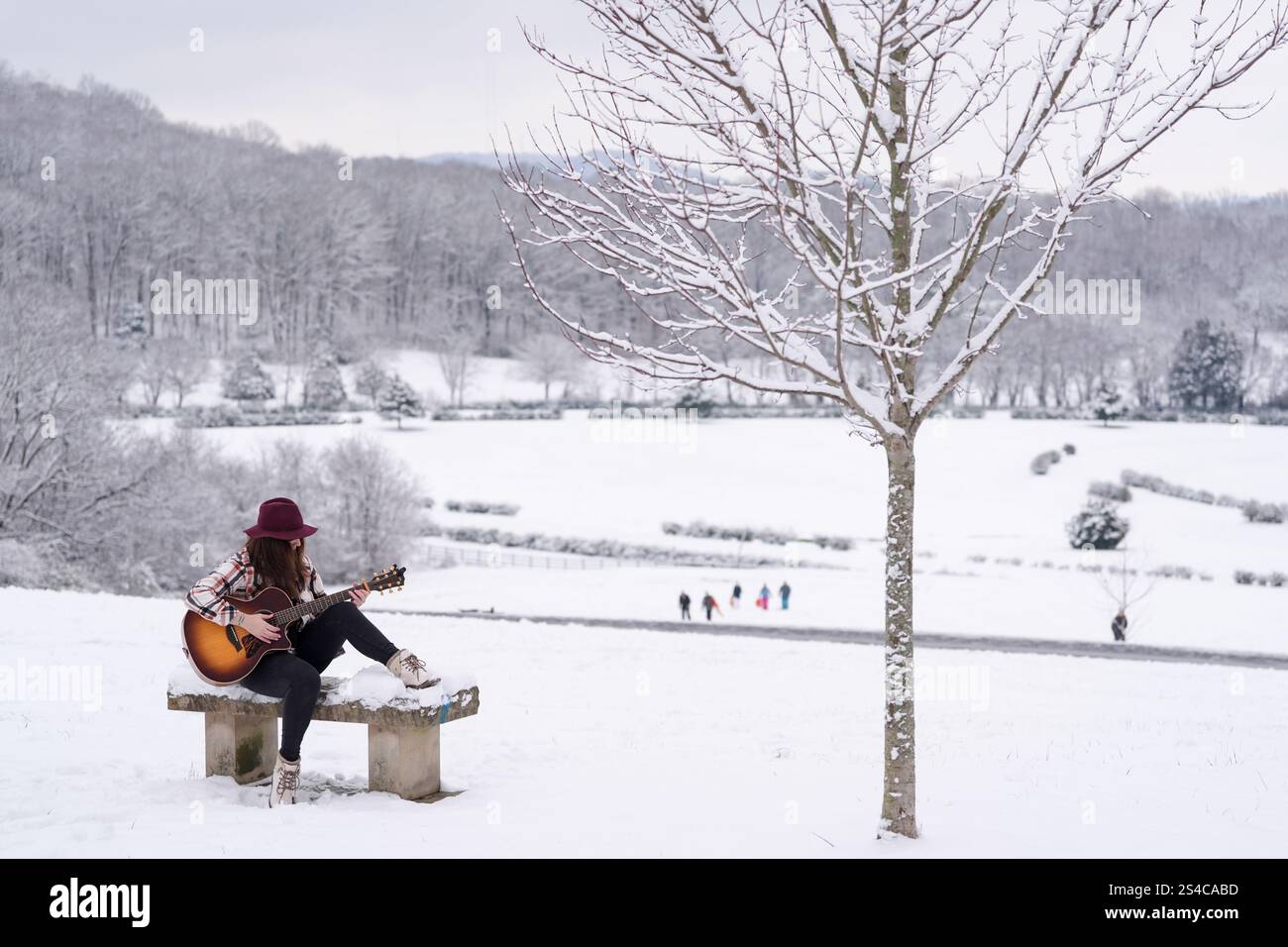 Victoria Collings plays a her guitar on a snow covered bench Saturday ...