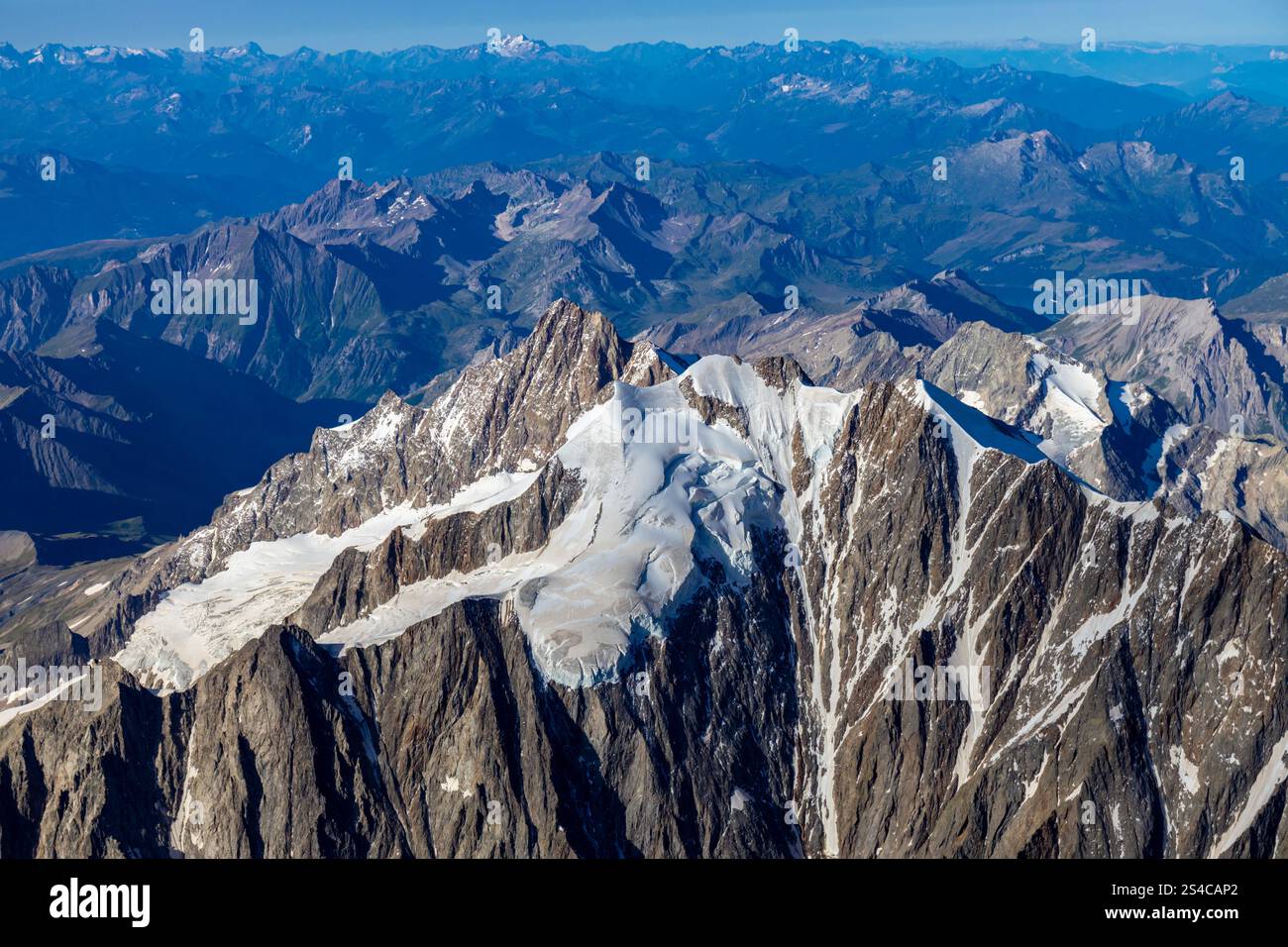 Snow mountain summits and white ice glacier in the Alps. Mont Blanc climbing route and views ...