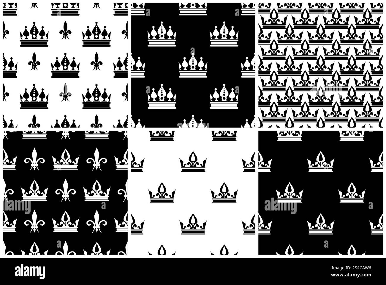 Vector crowns seamless patterns set in black and white. Vector crowns ...