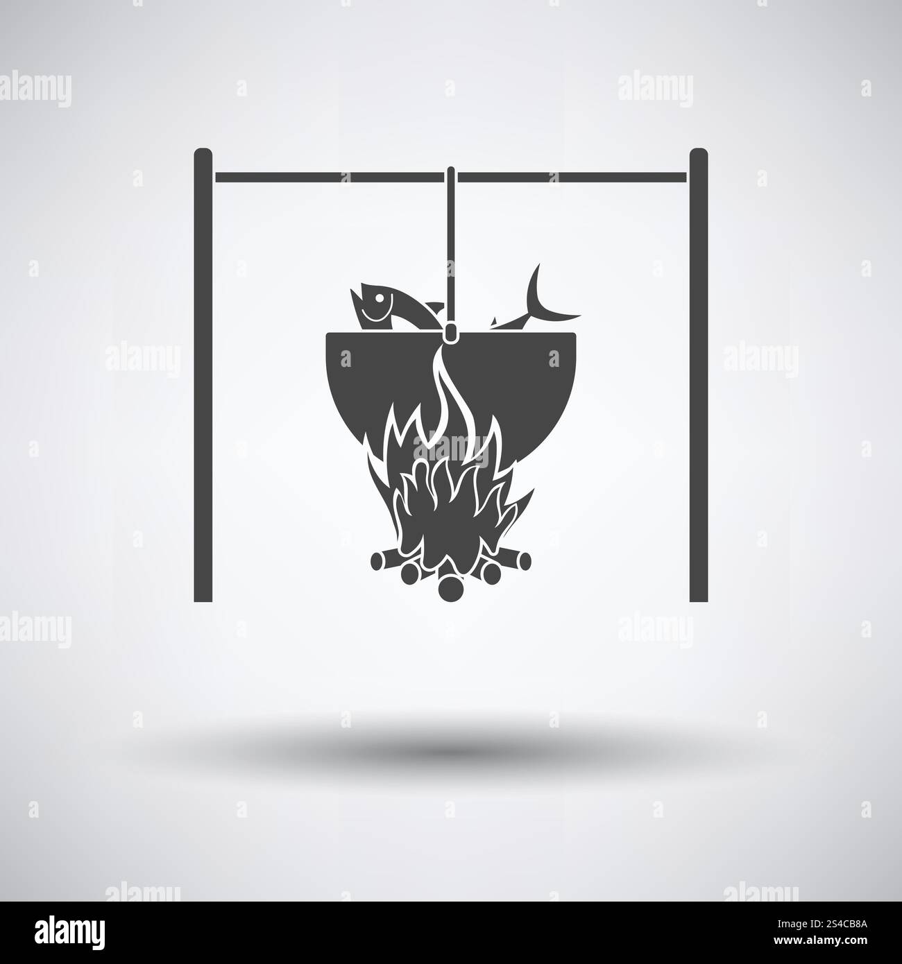 Icon of fire and fishing pot. Icon of fire and fishing pot on gray ...