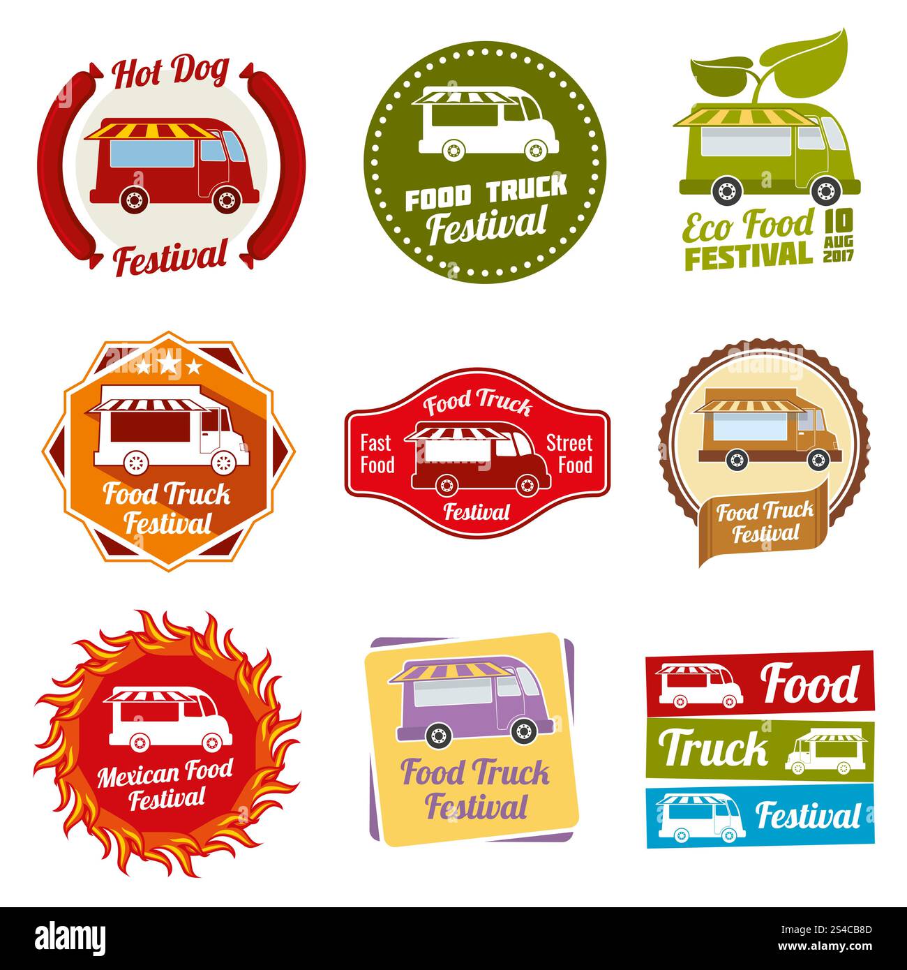 Car street food festival color labels set. Car street food festival ...