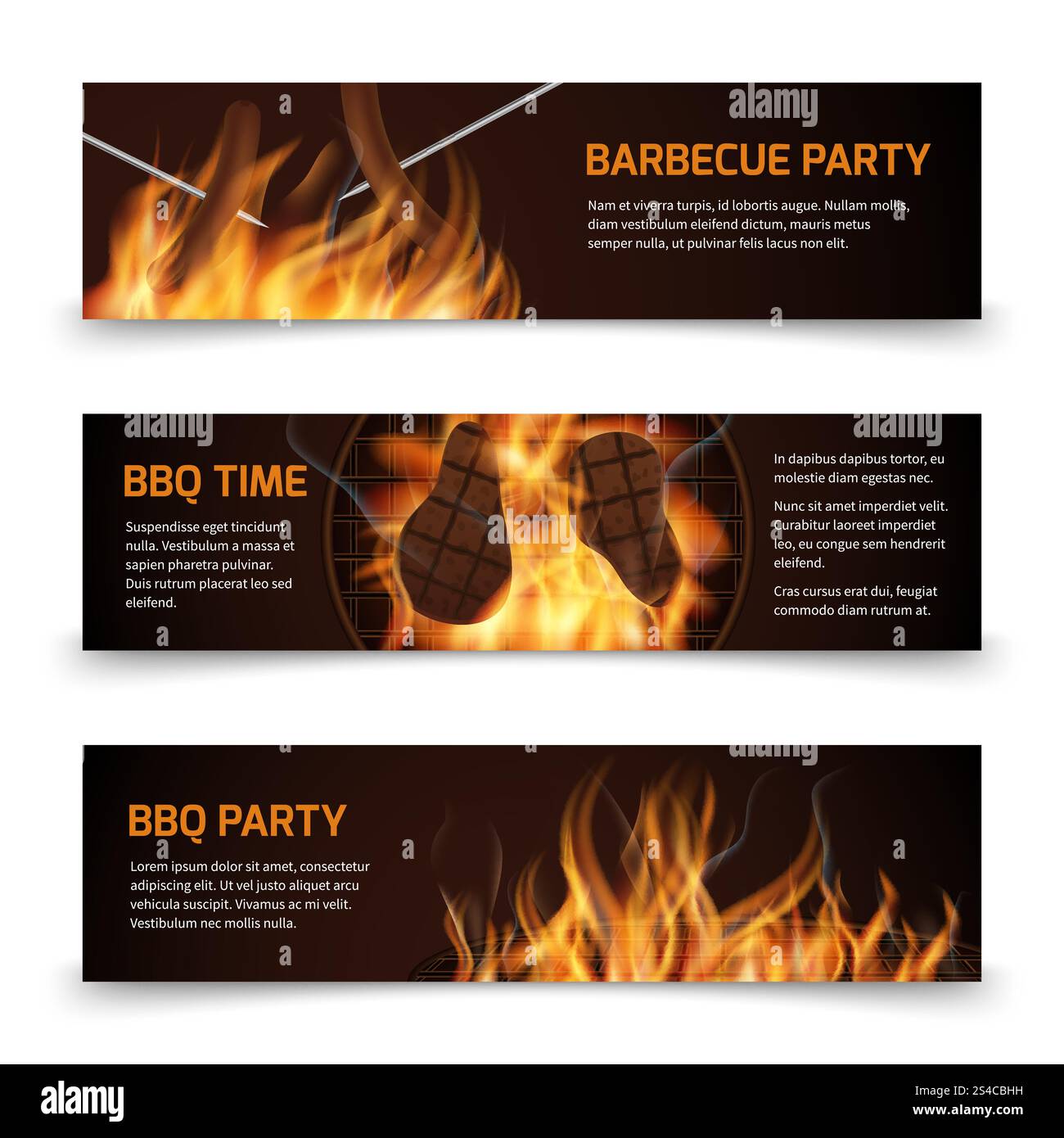 Bbq grill party horizontal vector banners set with realistic hot fire ...