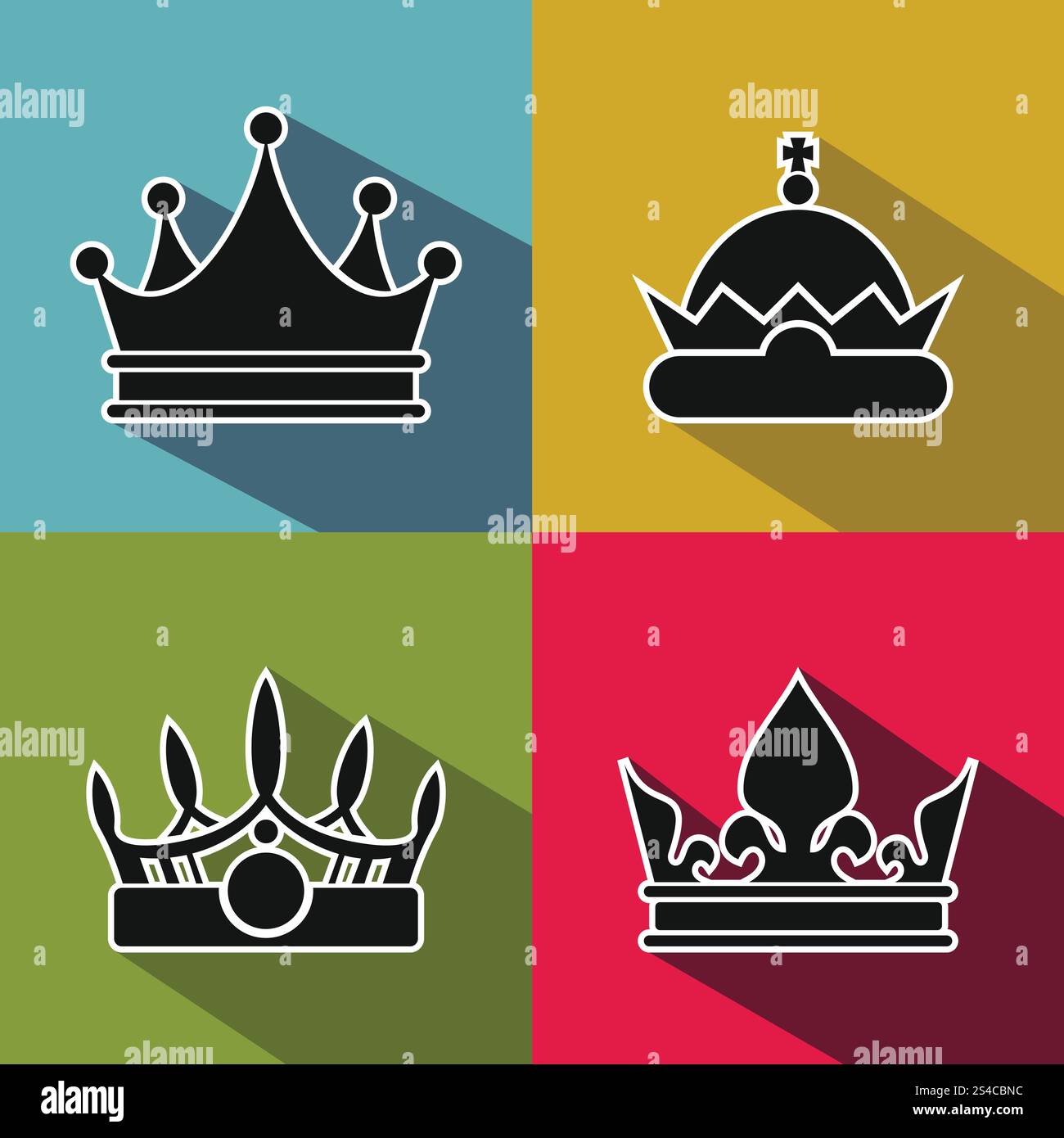 Black crown icons with long shadow on color background. Black crown ...