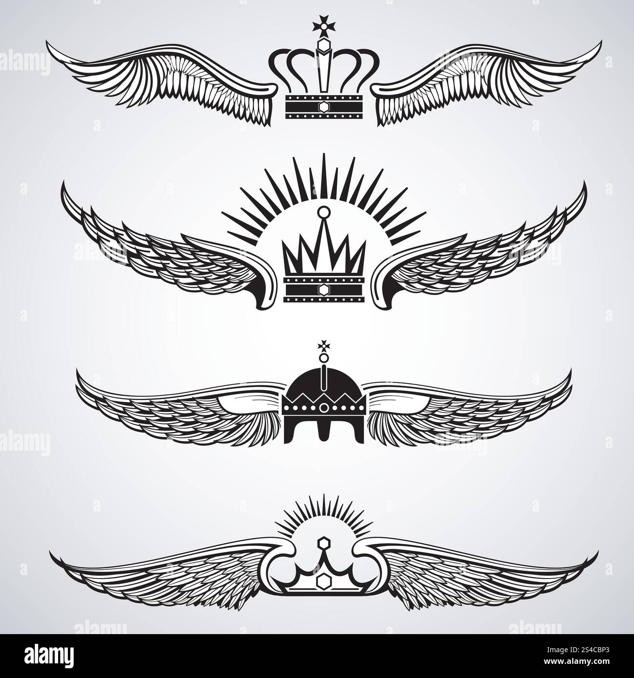 Wings with crowns vector emblems set. Wings with crowns vector emblems ...