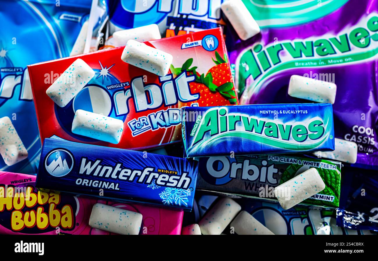 POZNAN, POL - NOV 20, 2024: Variety of popular brands of chewing gums ...