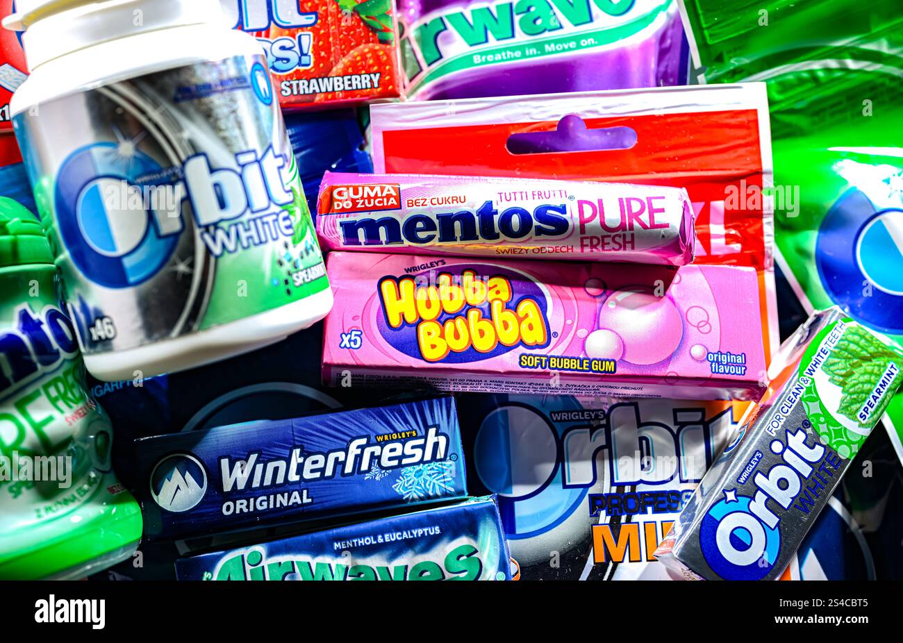 POZNAN, POL - NOV 20, 2024: Variety of popular brands of chewing gums ...