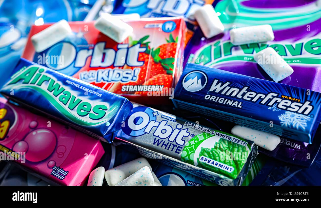 POZNAN, POL - NOV 20, 2024: Variety of popular brands of chewing gums ...