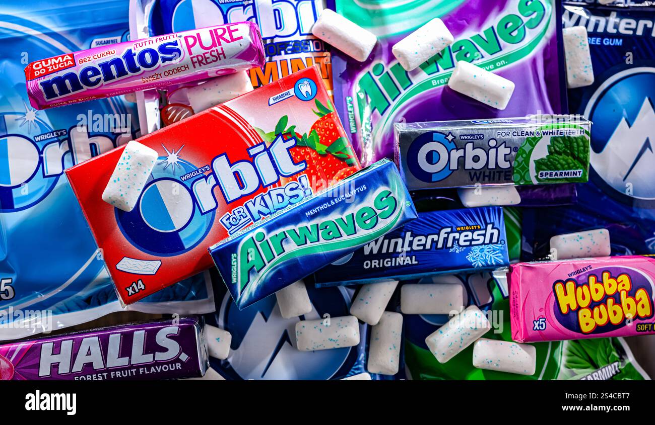 POZNAN, POL - NOV 20, 2024: Variety of popular brands of chewing gums ...