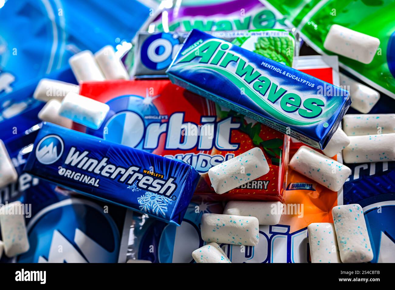 POZNAN, POL - NOV 20, 2024: Variety of popular brands of chewing gums ...