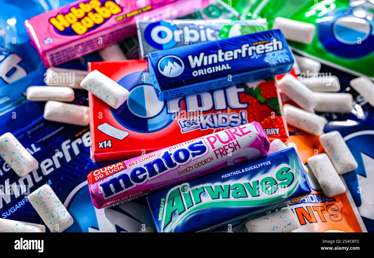POZNAN, POL - NOV 20, 2024: Variety of popular brands of chewing gums ...