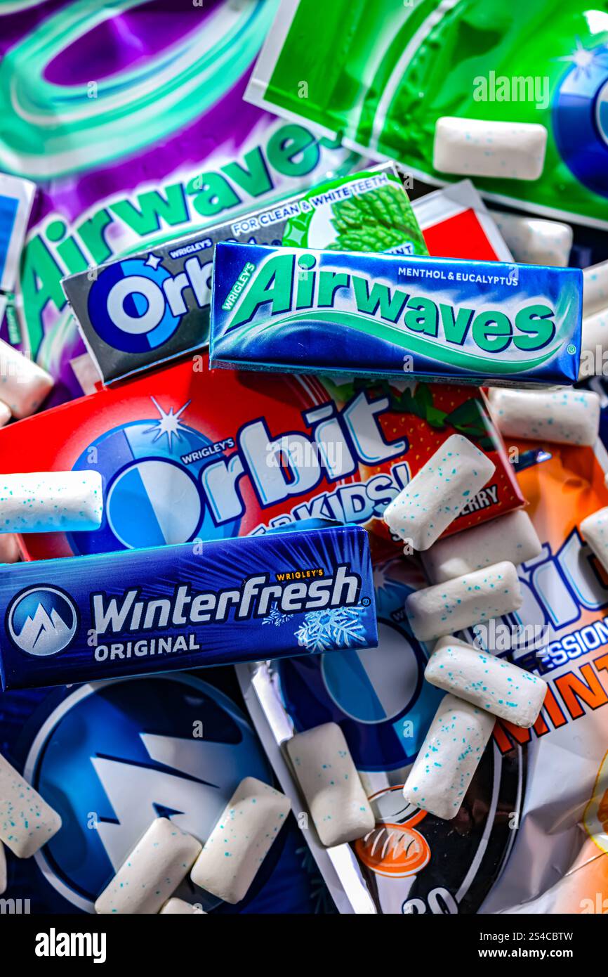 POZNAN, POL - NOV 20, 2024: Variety of popular brands of chewing gums ...