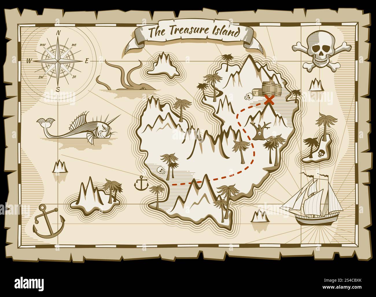 Treasure pirate hand drawn vector map. Treasure pirate hand drawn ...