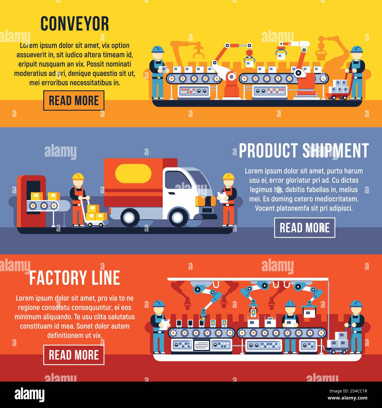 Automation conveyor factory line with robotic hands horizontal banners vector set. Automation ...