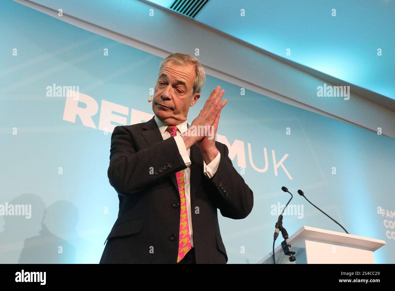 Reform UK leader Nigel Farage speaking during the Reform UK North West ...
