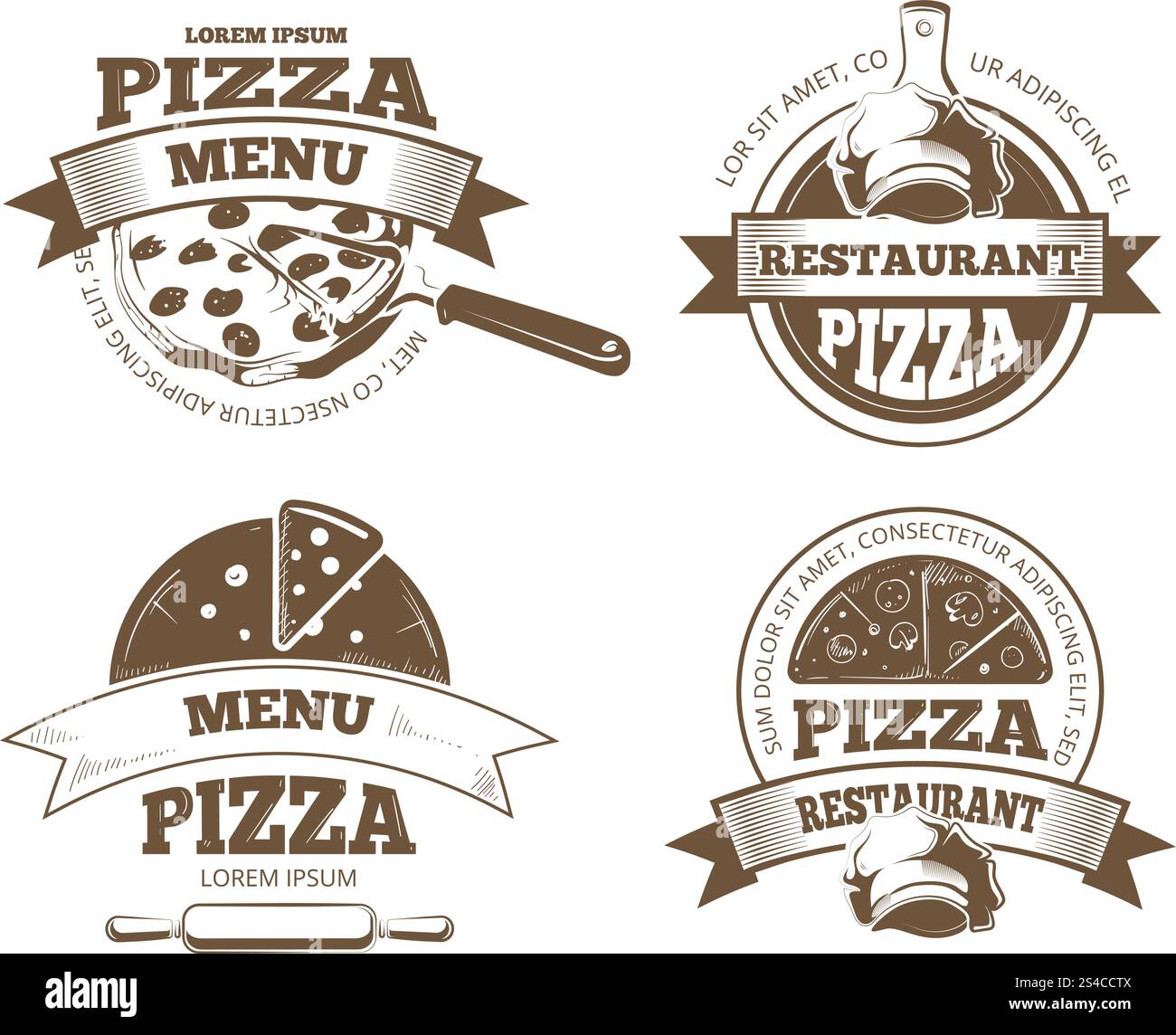 Retro pizzeria vector labels, logos, badges, emblems with pizza icons ...