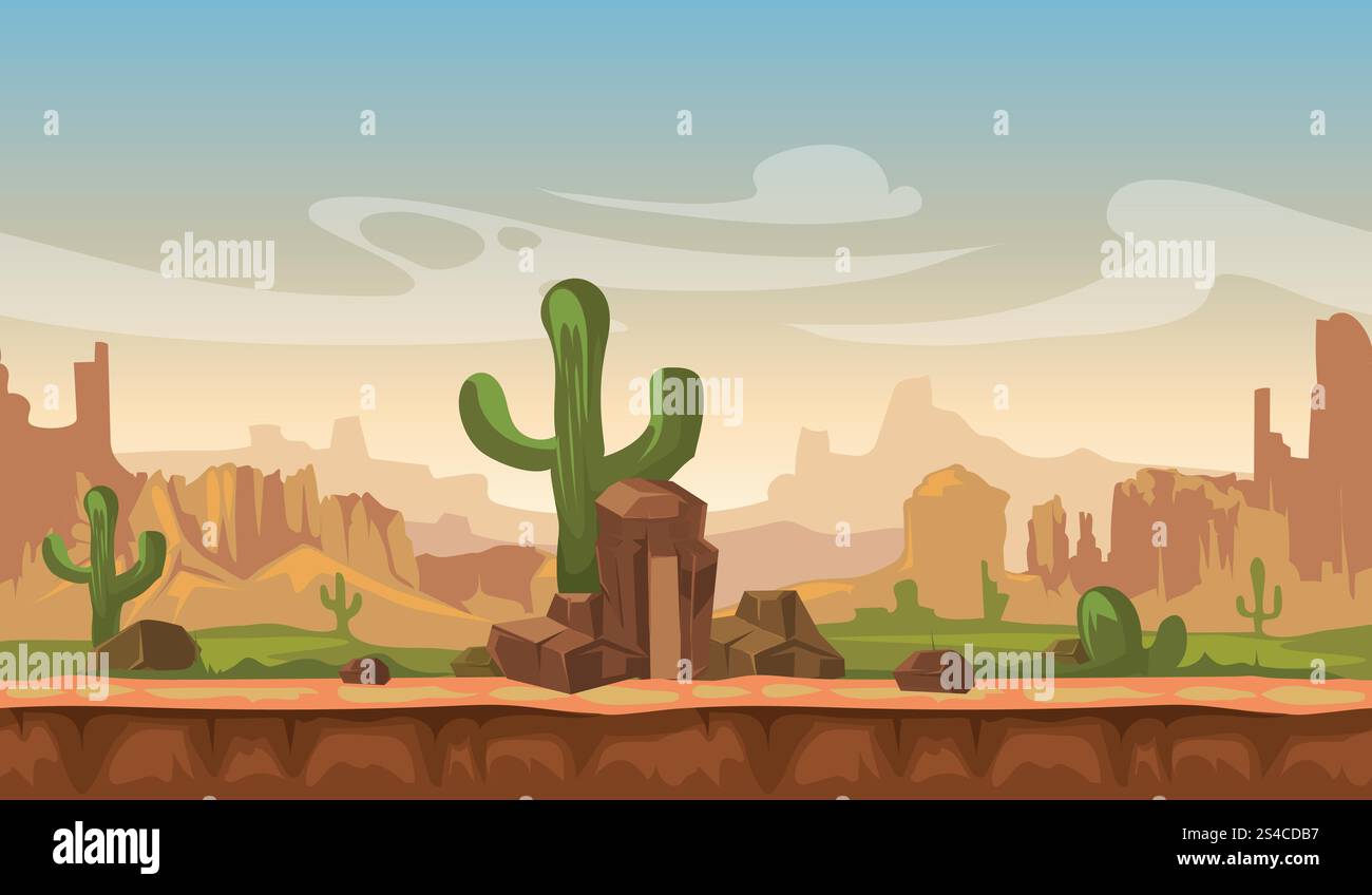 Cartoon america prairie desert landscape with cactus, hills and ...