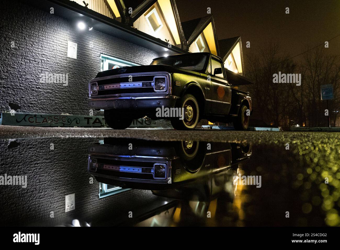 Vintage Chevy Truck at Night with Reflection Stock Photo - Alamy