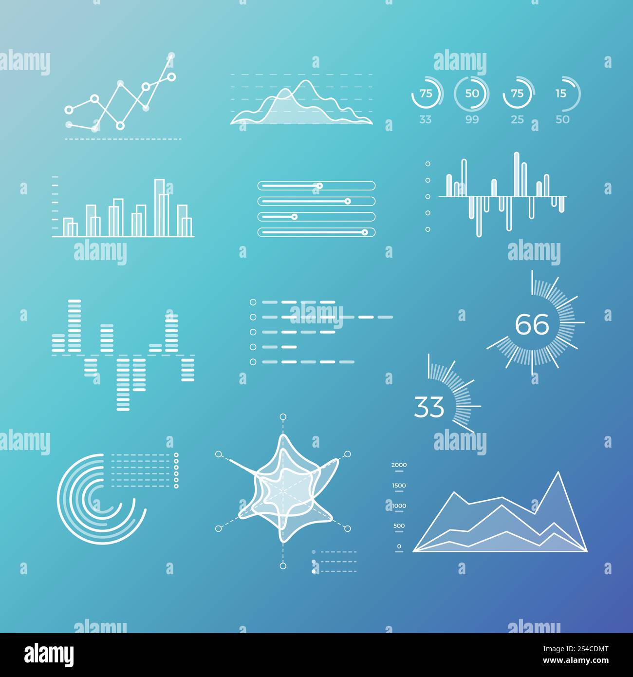 Thin line vector graphs, charts, diagrams with flat elements. Thin line ...