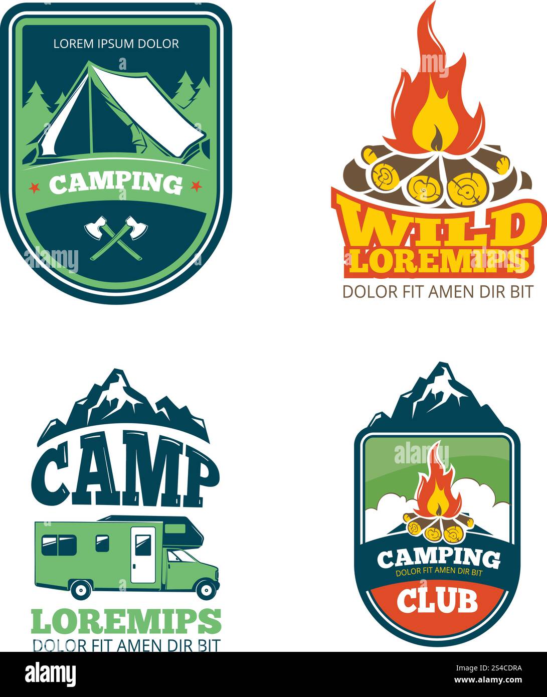 Outdoor adventure camp, hiking camping vector labels, emblems, logos ...