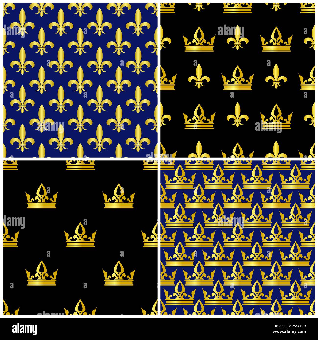 Golden crowns and fleur de lis seamless patterns set. Golden crowns and fleur de lis seamless ...