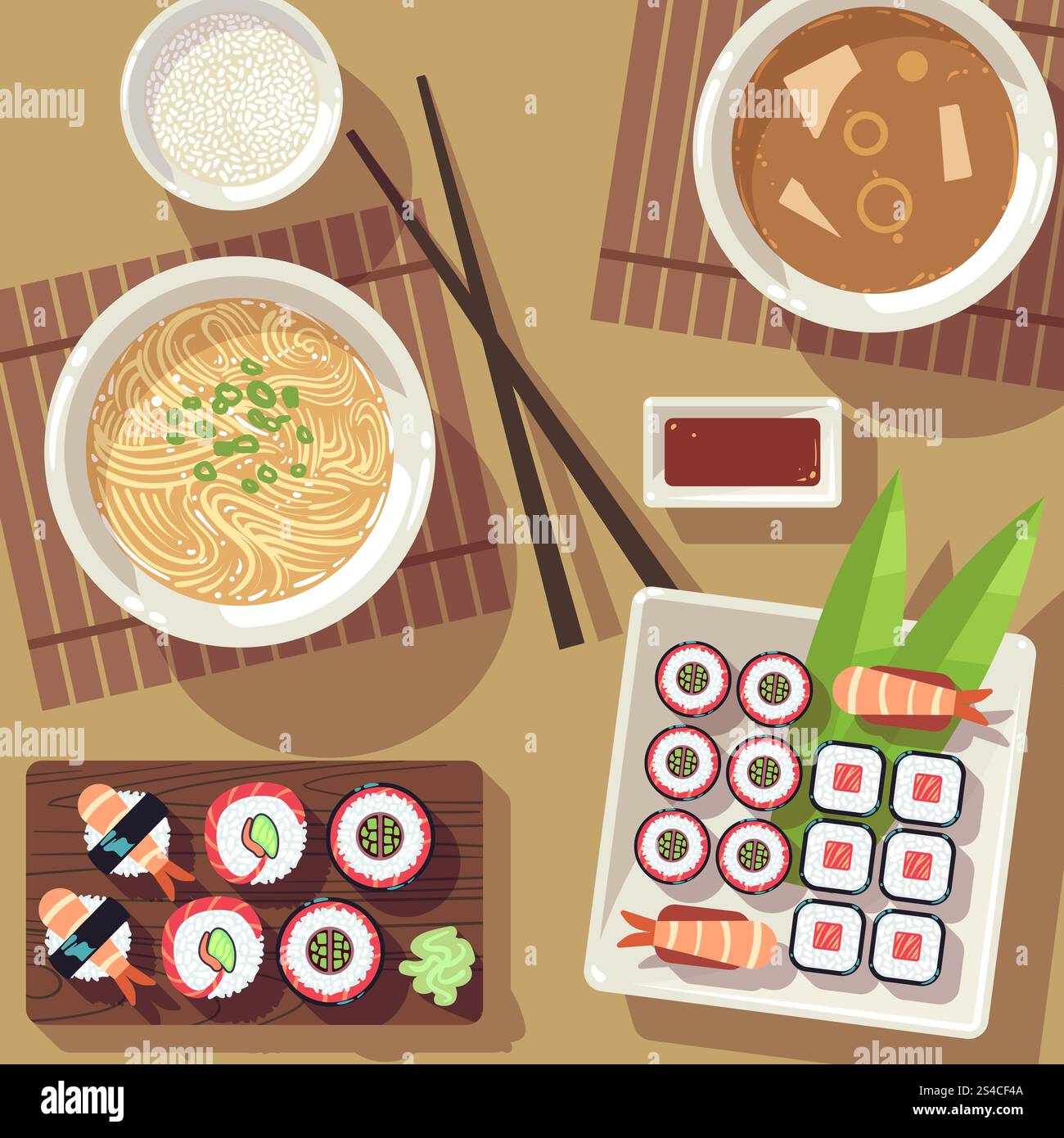 Dining table with japanese food top view. Dining table with japanese ...