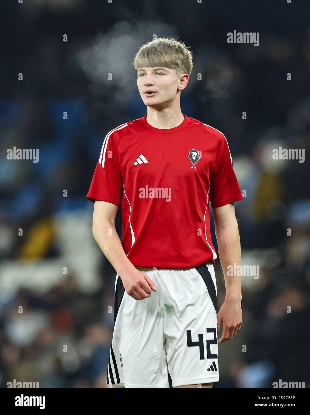 Marshall Heys of Salford City during the pre-game warmup ahead of the ...