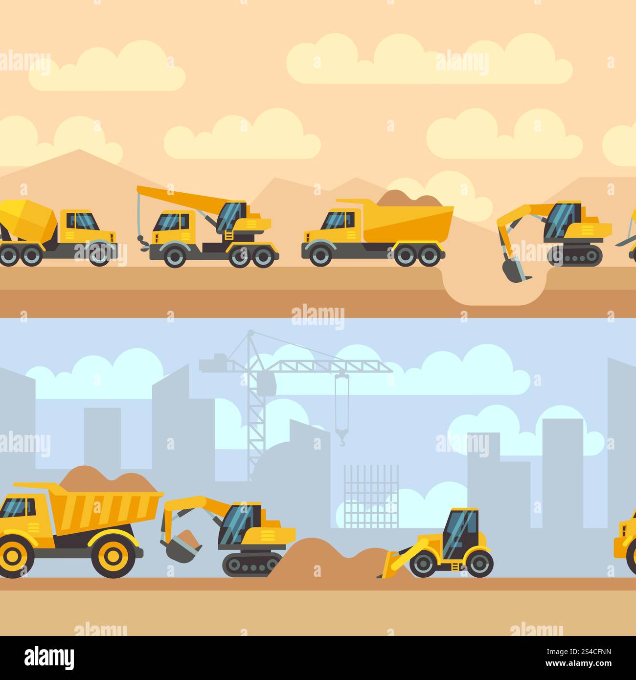 Seamless horizontal construction vector backgrounds with machines ...