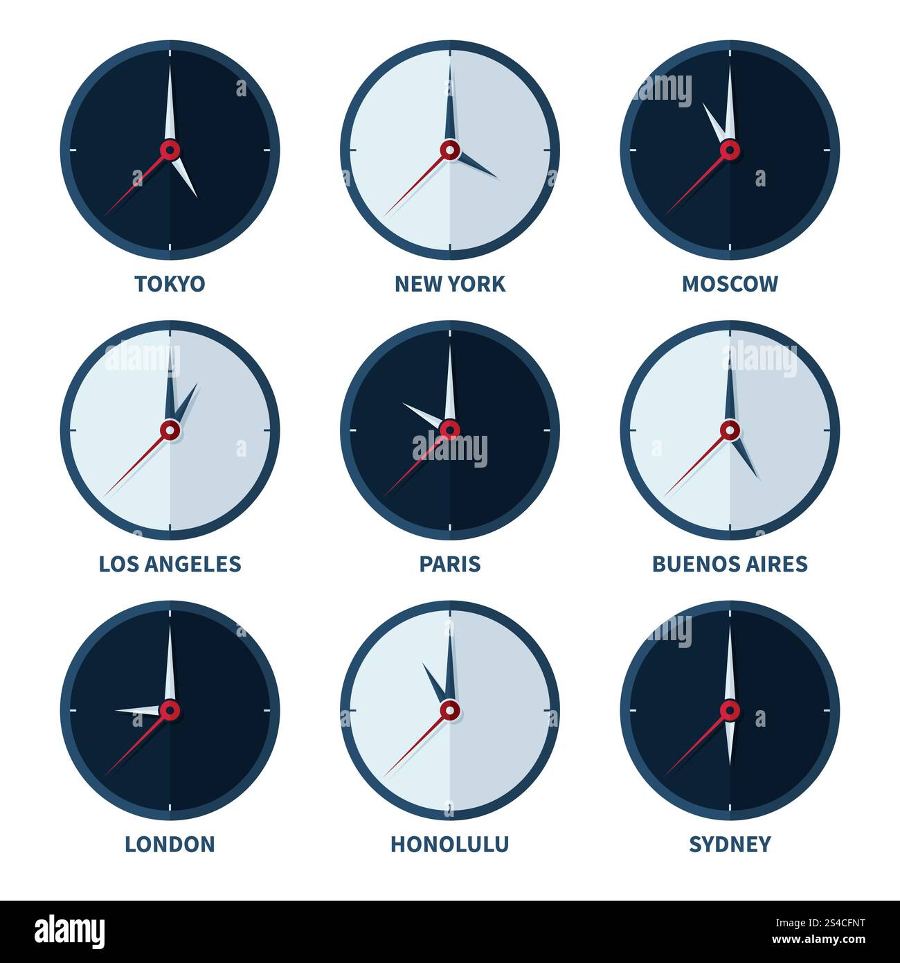 World clocks for time zones of different cities vector set. World clocks for time zones of ...