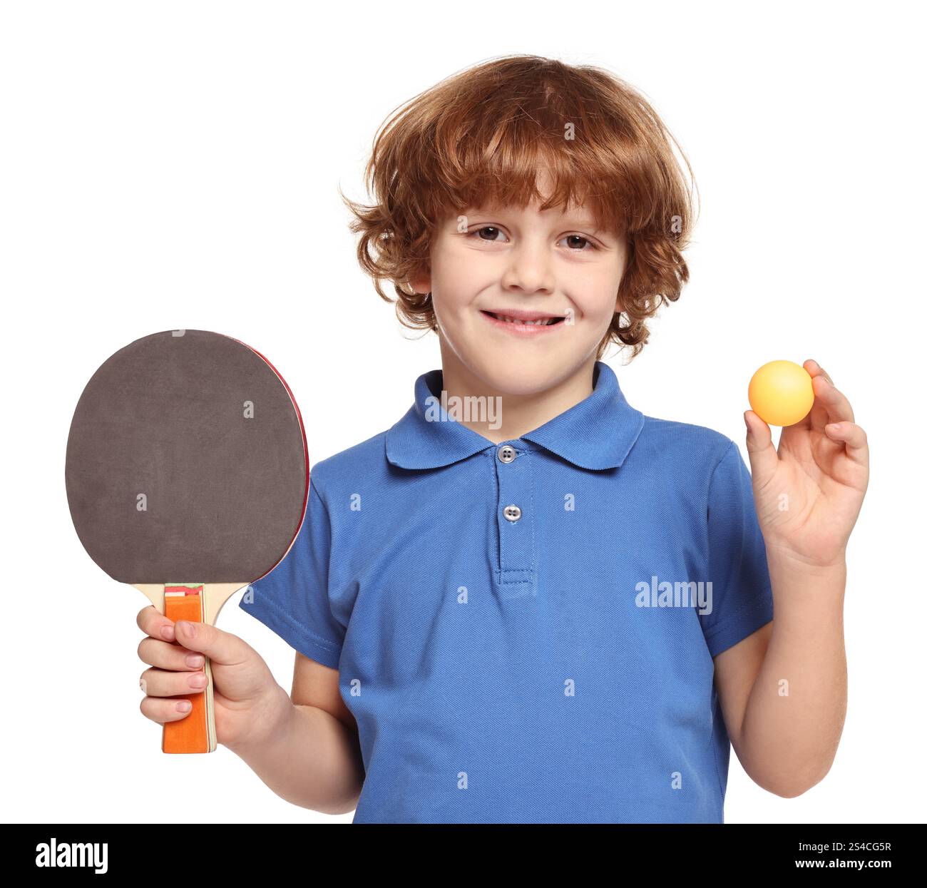 Little boy with ping pong racket and ball on white background Stock Photo - Alamy