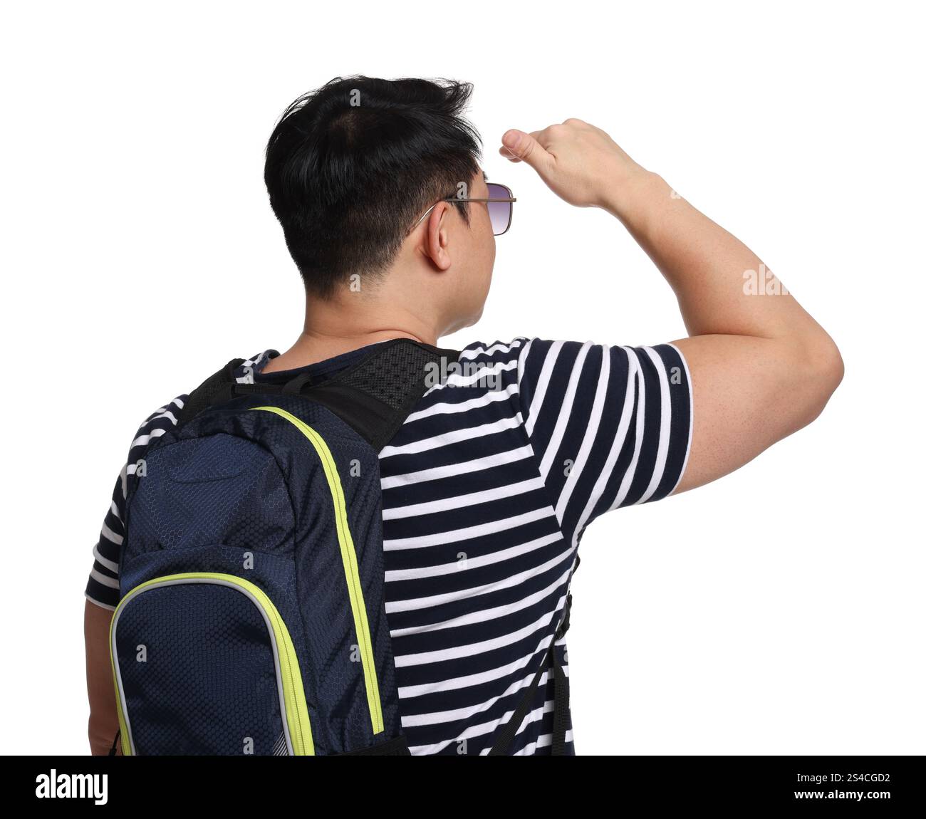 Traveller with backpack on white background, back view Stock Photo - Alamy