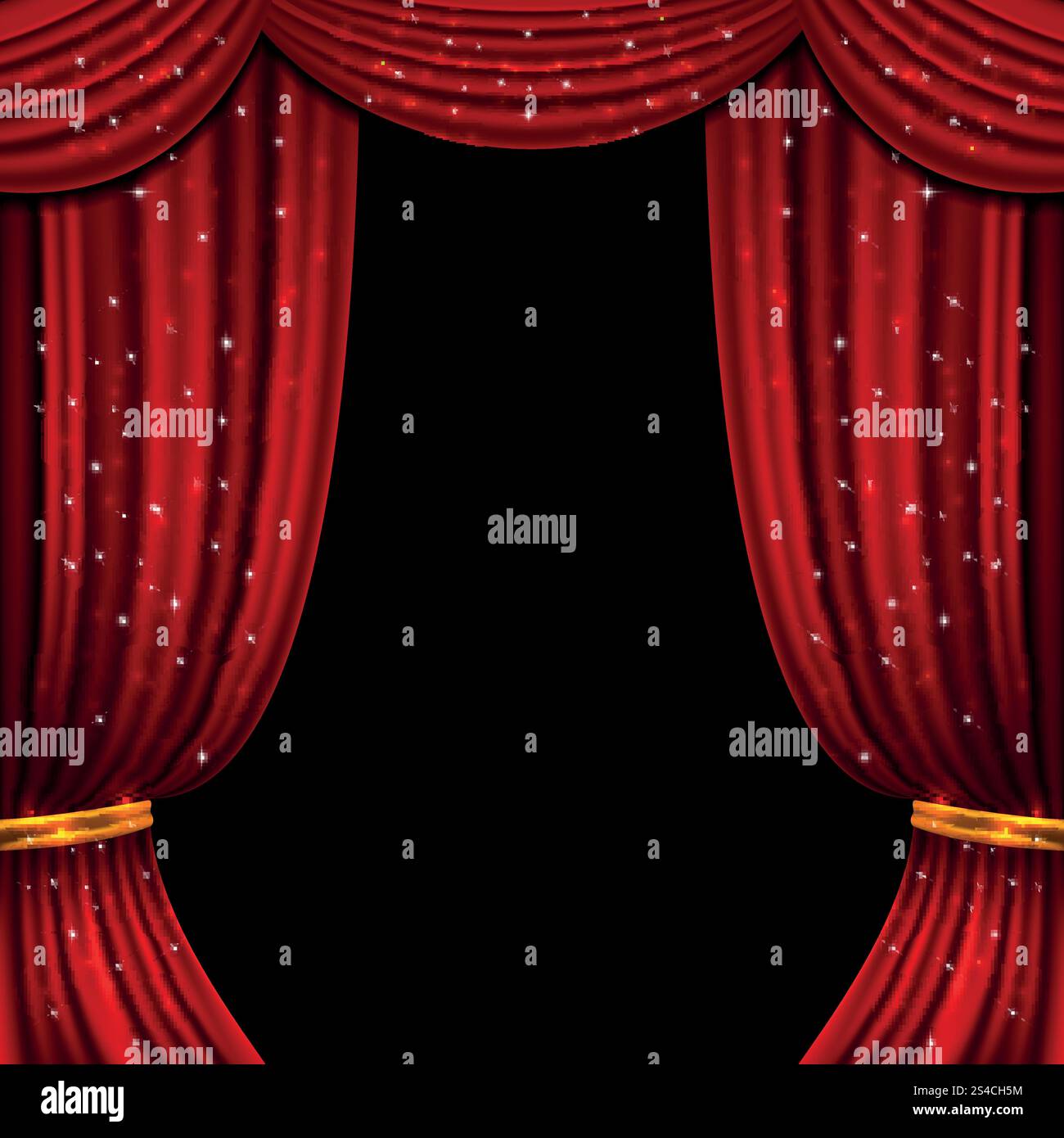 Red open curtain with glittering lights. Vector background. Red open ...