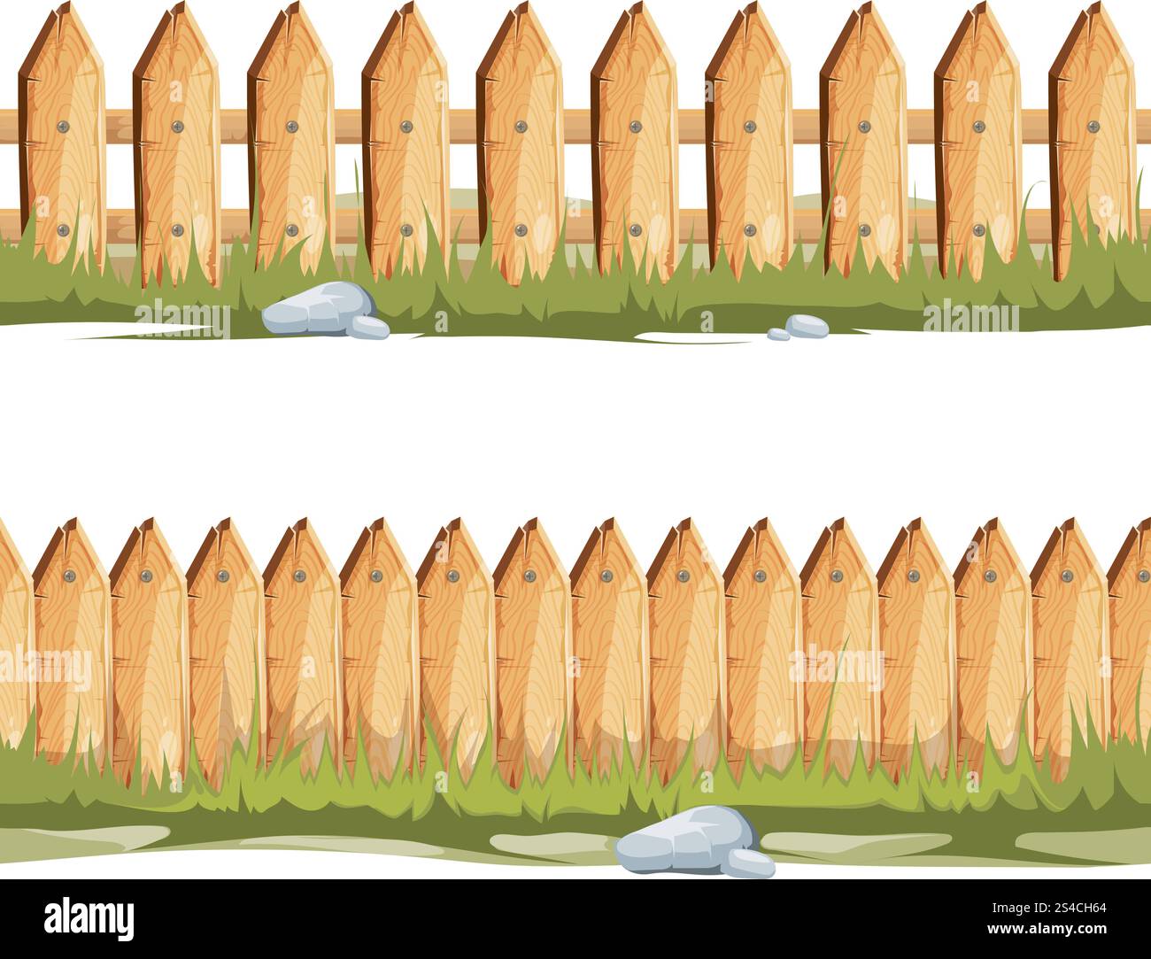 Wooden fences with grass and stones. Seamless vector cartoon background ...