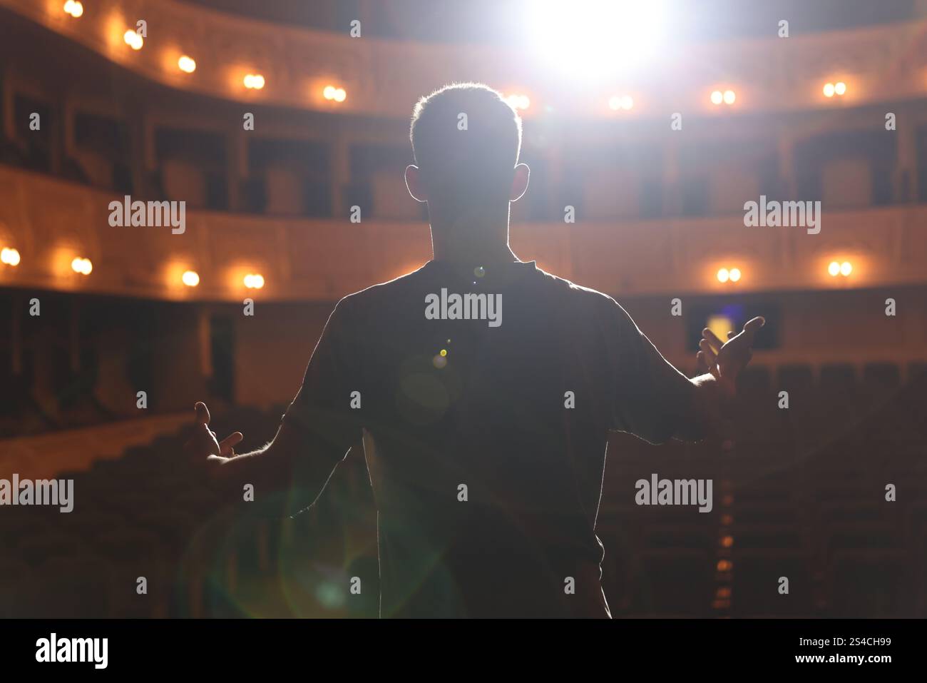Professional actor rehearsing on stage in theatre, back view Stock ...