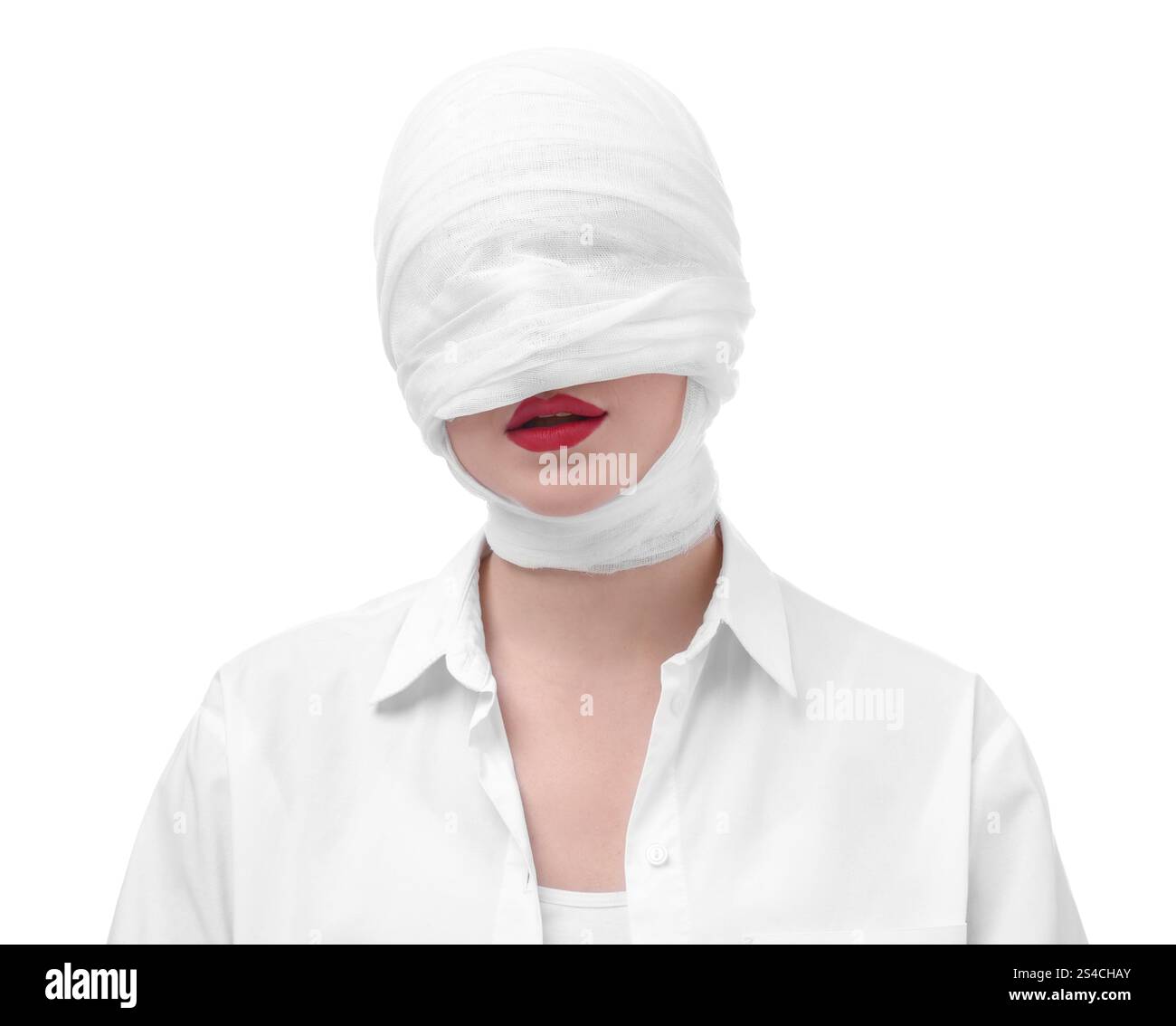 Woman with face wrapped in medical bandage after plastic surgery ...