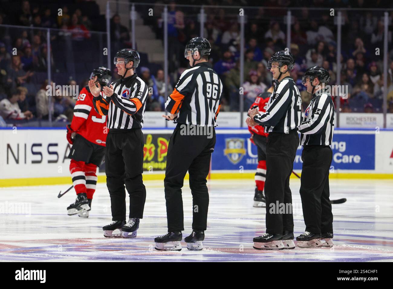 Rochester, New York, USA. 10th Jan, 2025. Referee Liam Maaskant (45) claps in a game between the ...