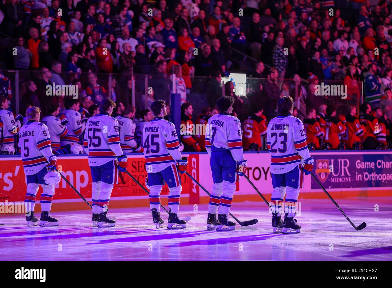Rochester, New York, USA. 10th Jan, 2025. Rochester Americans players stand during the national ...