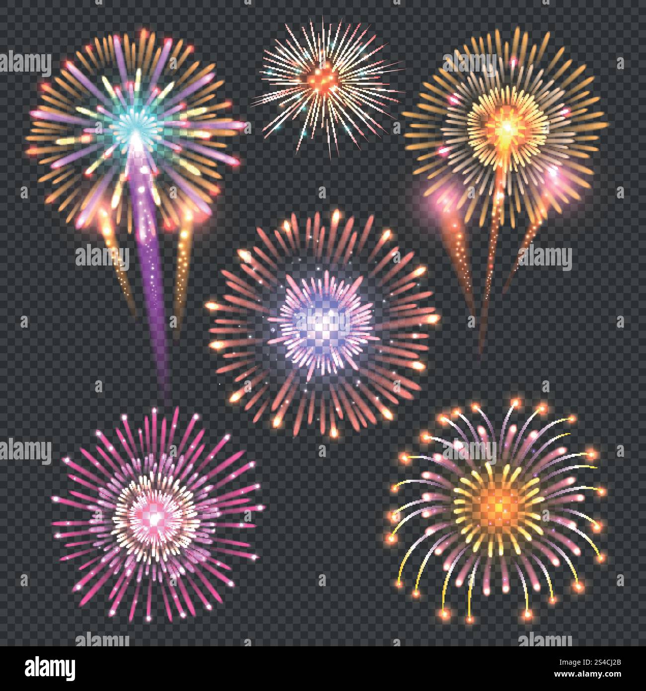 Festive firework vector set on checkered dark background. Festive ...