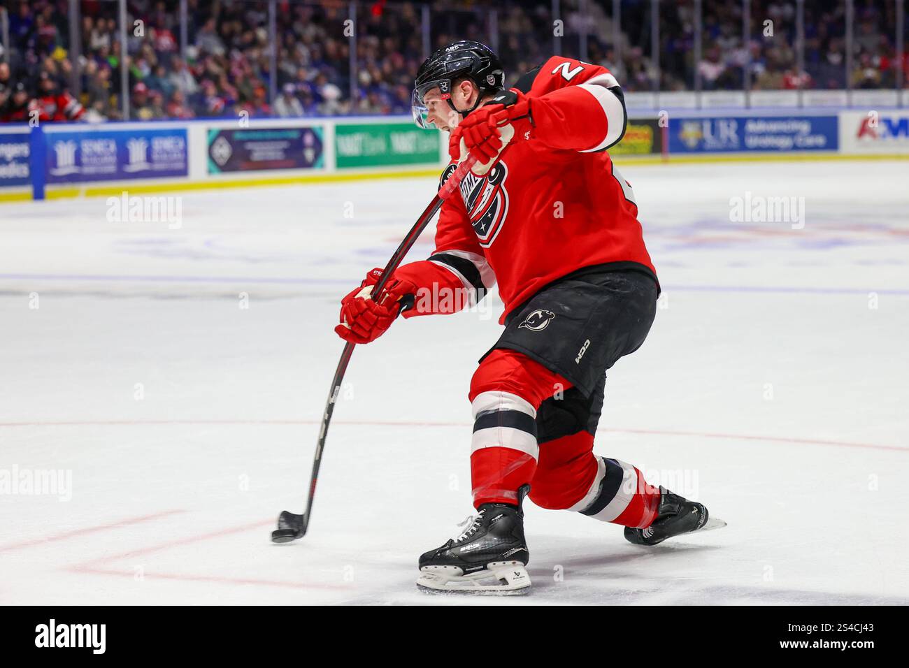 Rochester, New York, USA. 10th Jan, 2025. Utica Comets forward Brain Halonen (24) takes a shot ...