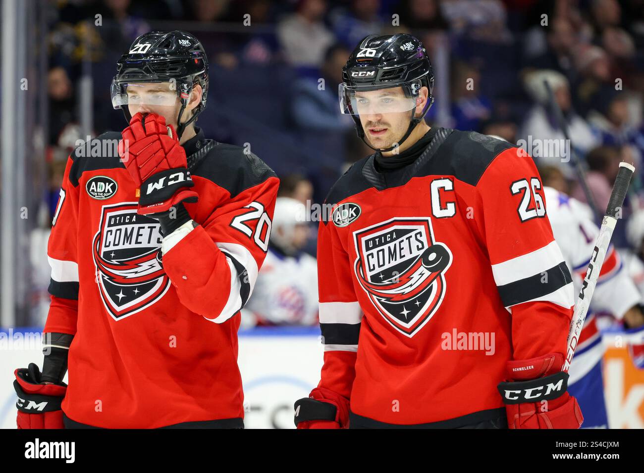 Rochester, New York, USA. 10th Jan, 2025. Utica Comets forwards Ryan Schmelzer (26) and Max ...