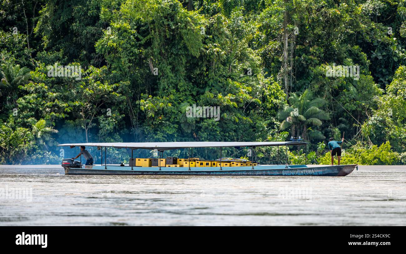 Long river boat carrying crates, Napo River, Amazon rainforest, Ecuador ...