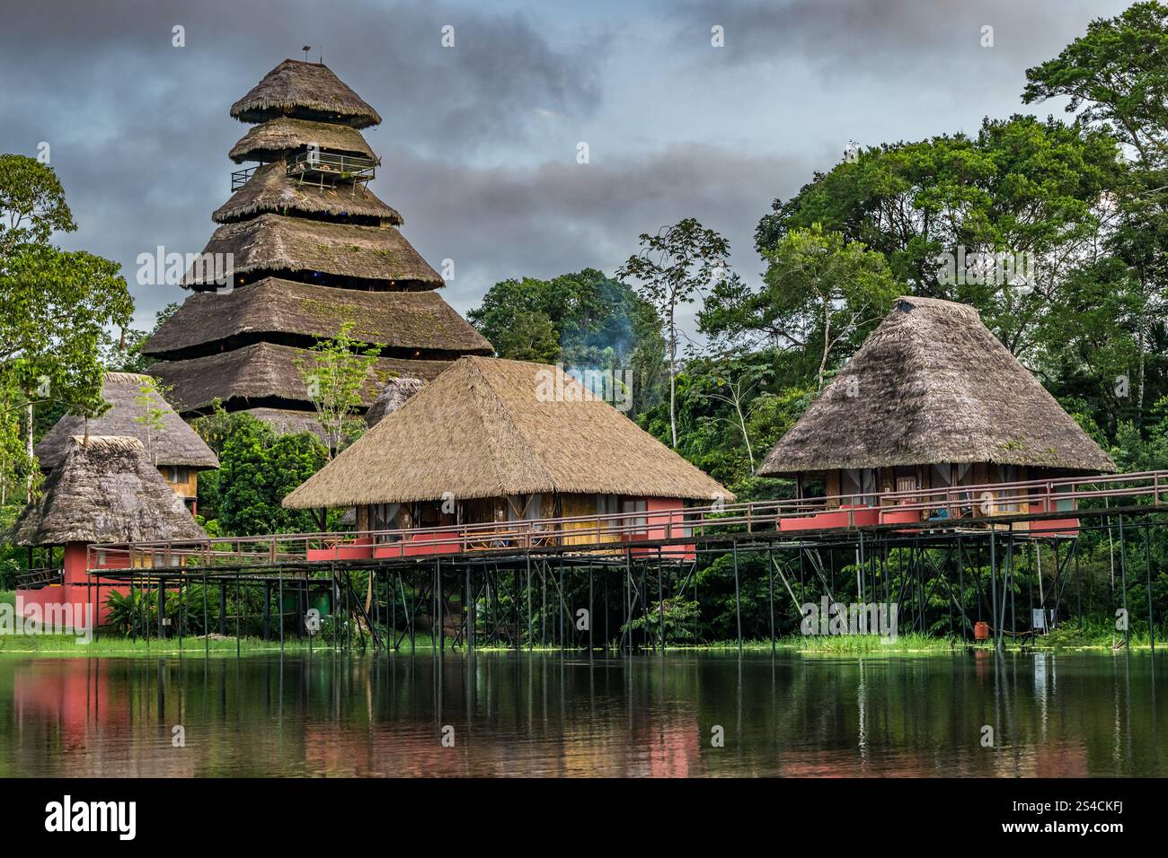 Thatched cabins on stilts and lookout tower, Napo Eco Lodge, Añangu ...