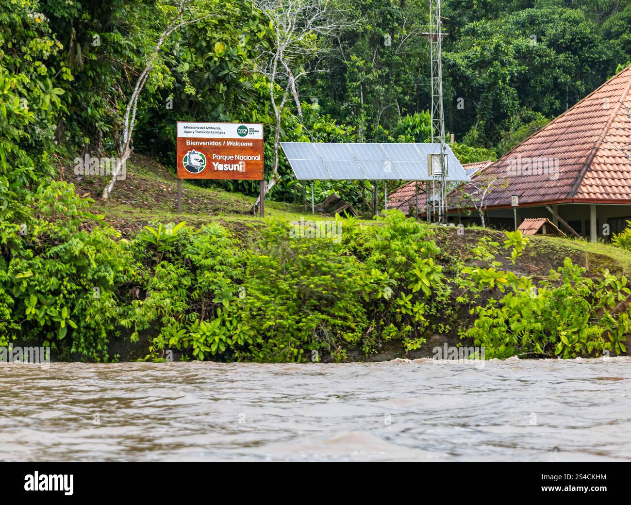 Yasuni National Park welcome sign seen from Napo River, Amazon ...