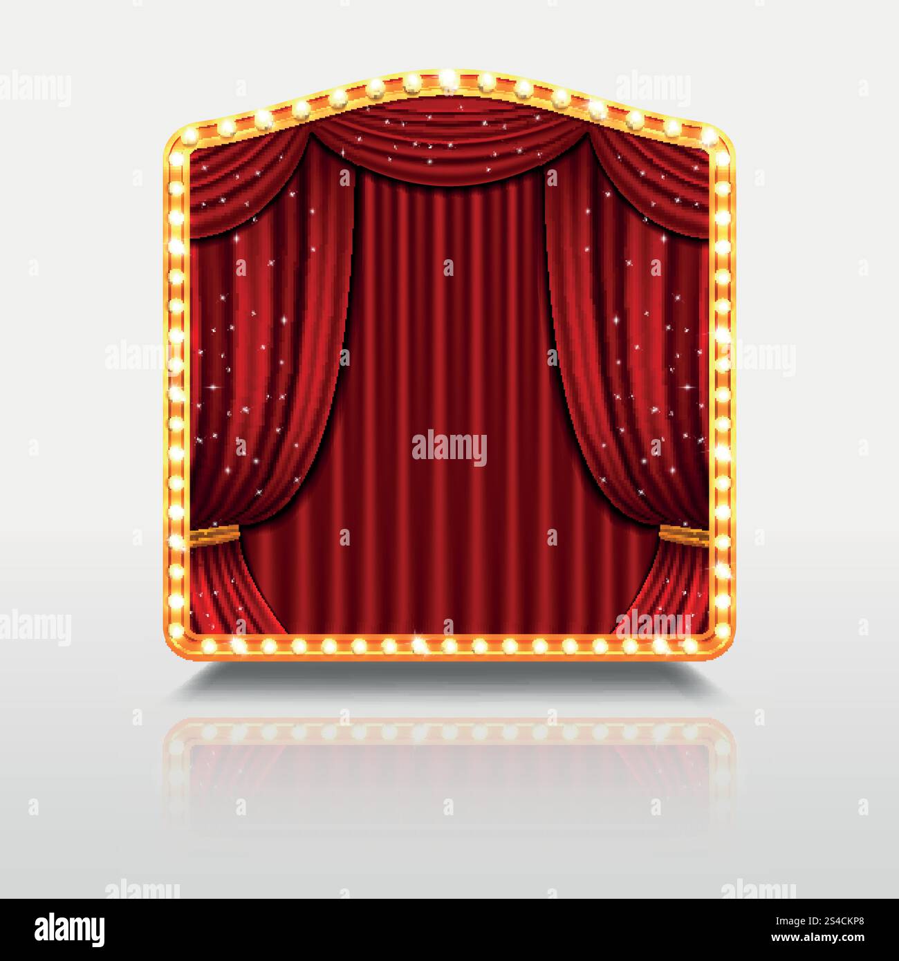 Stage curtain in shining banner with golden frame vector illustration ...