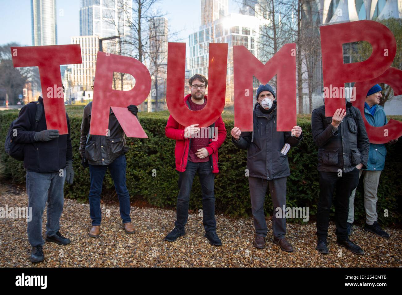 London, UK, 11th January 2025. Activists hold up red letters spelling ...