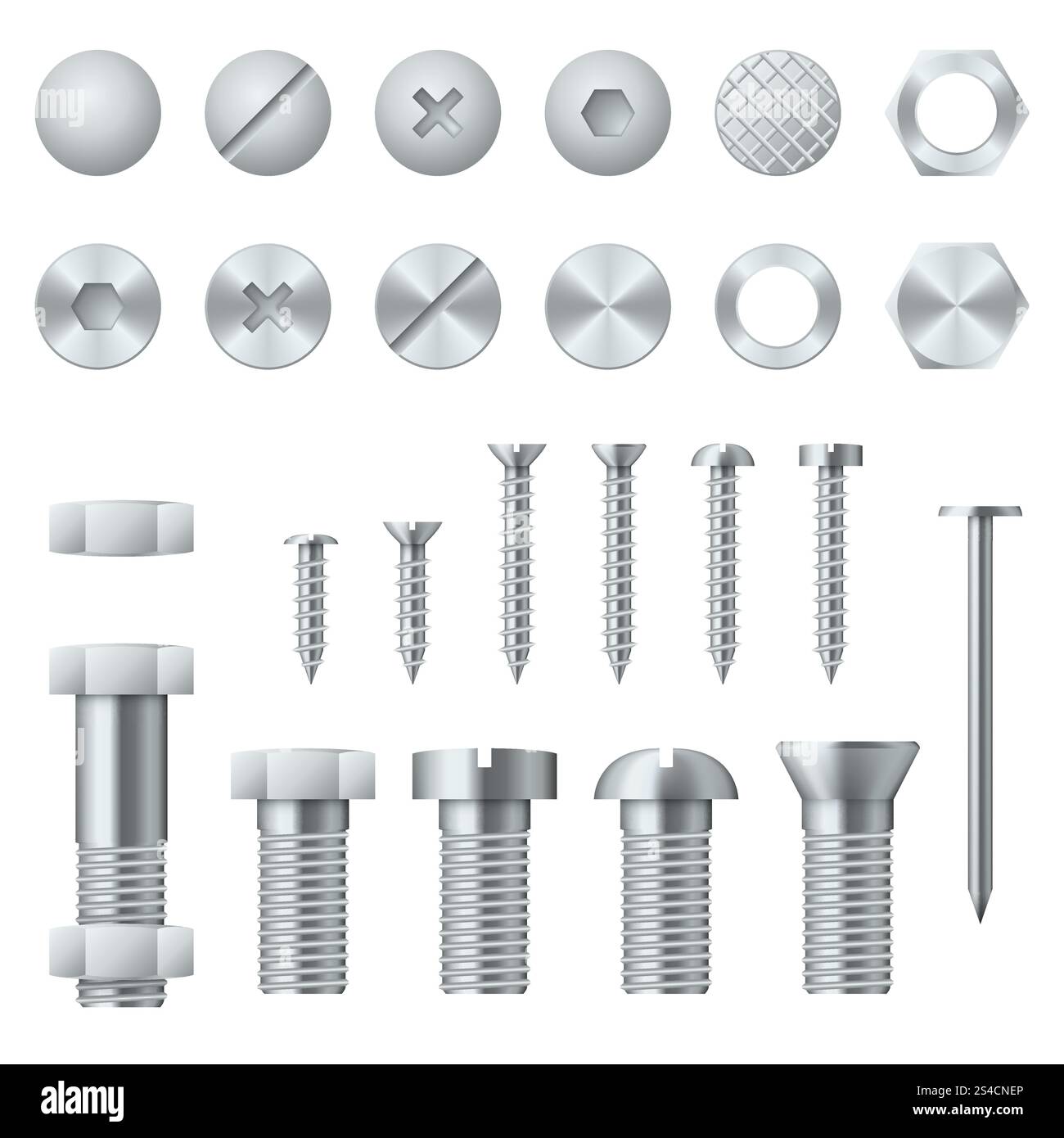 Screws, bolts, nuts, nails and rivets realistic vector design elements ...