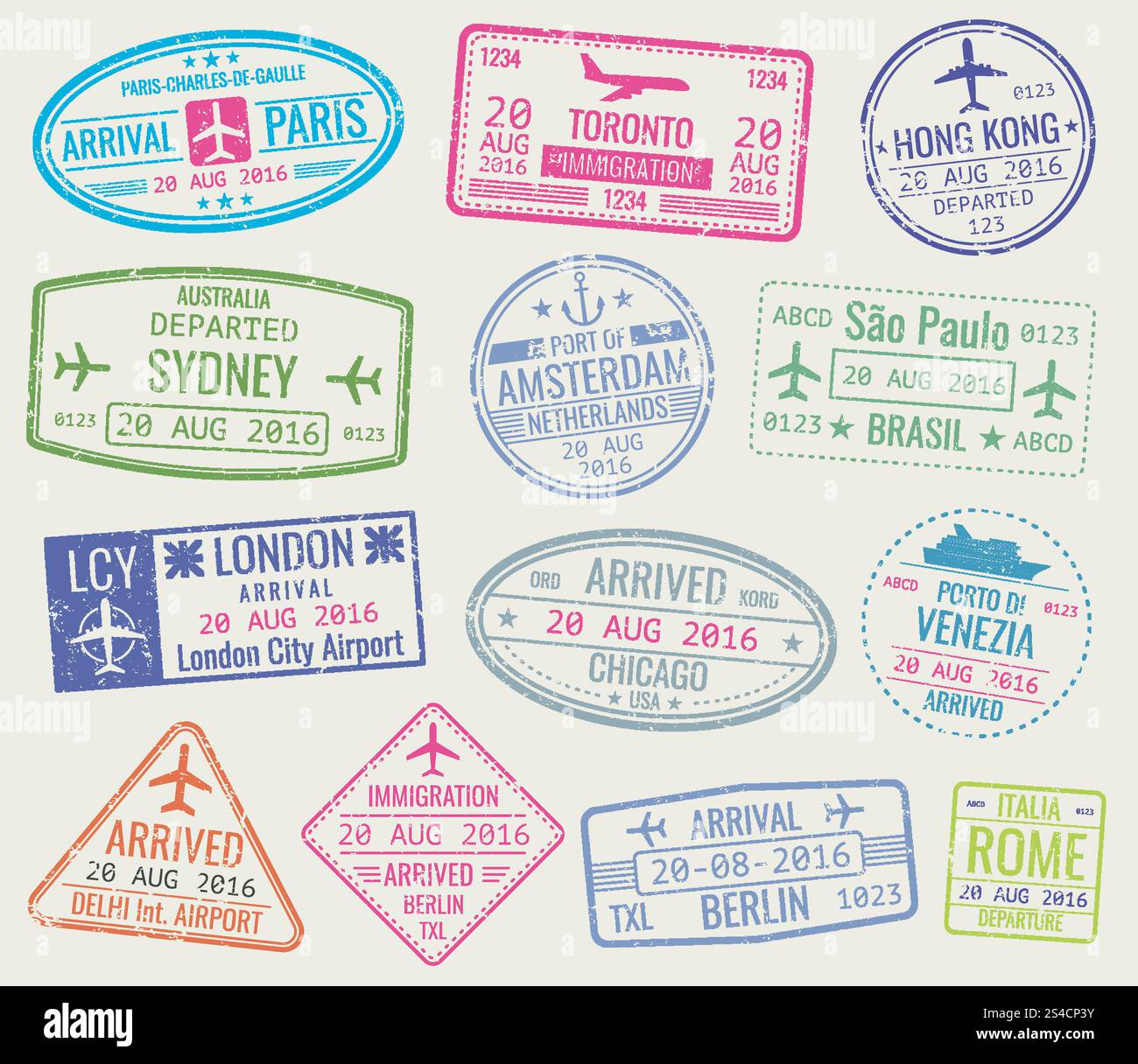 International travel visa passport stamps vector set. International ...